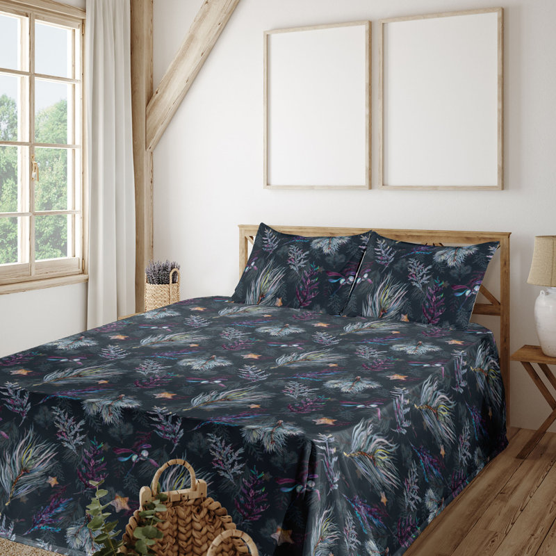 Ambesonne Boho Forest Sheet Set Exotic Leaf Pattern Charcoal Grey and Plum | Wayfair